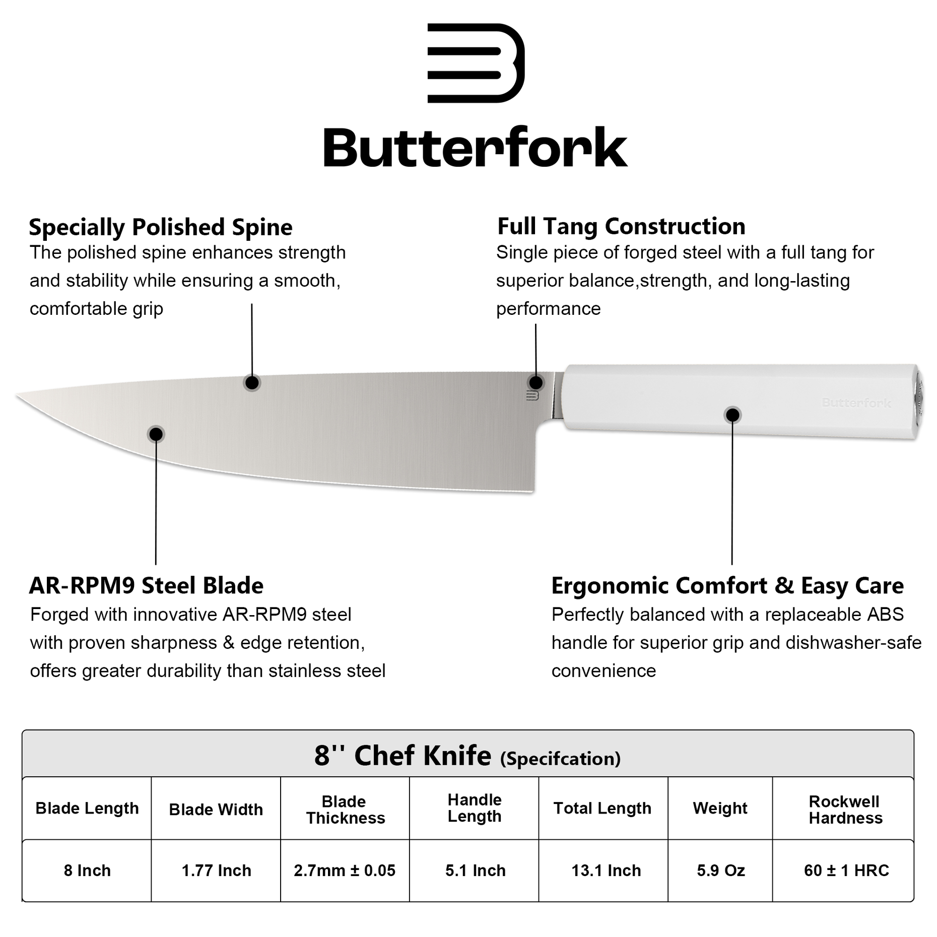 Butterfork 8” Purest Chef's Knife with Oak Sheath- Light Grey, Sharp ...